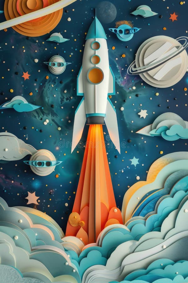 Paper Rocket Launching in a Starry Night Sky with Mountains and Moon ...