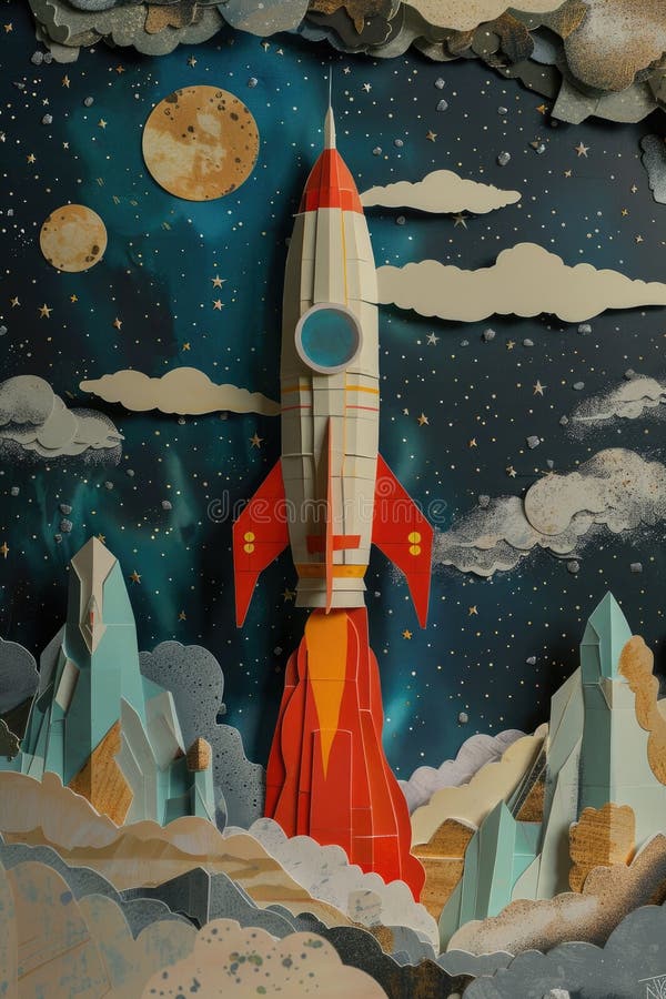 Paper Rocket Launching in a Starry Night Sky with Mountains and Moon ...