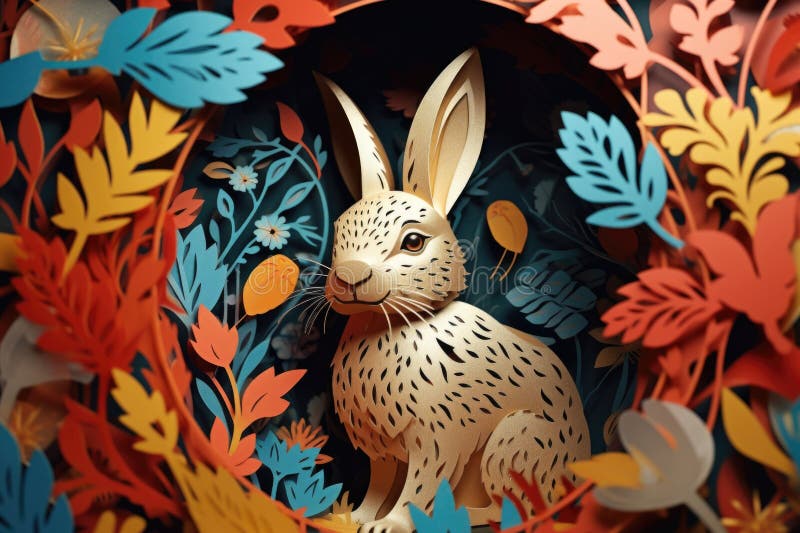 Paper Sculpture of a Rabbit Surrounded by Leaves, Suitable for Nature ...