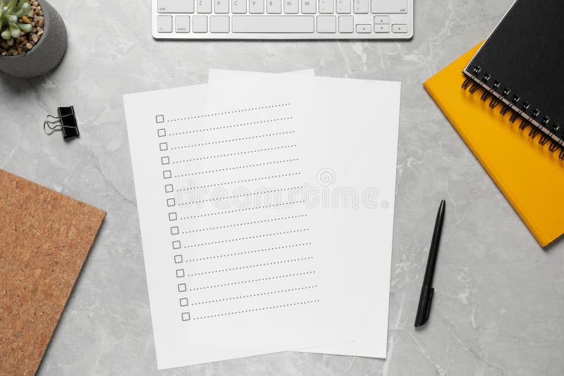 Paper Sheet with Checkboxes Plant and Computer Keyboard on Light Grey ...