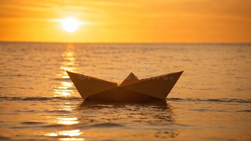 Paper Ship on Ocean during Sunset. Generative AI. Stock Photo - Image ...