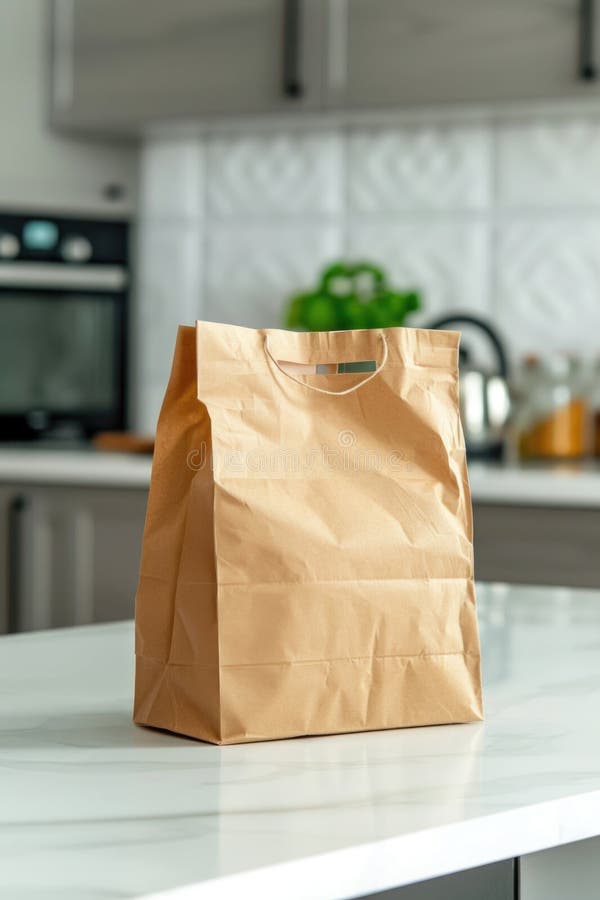Paper Shopping Bag on a Modern Kitchen Counter. Studio Mockup with Copy ...