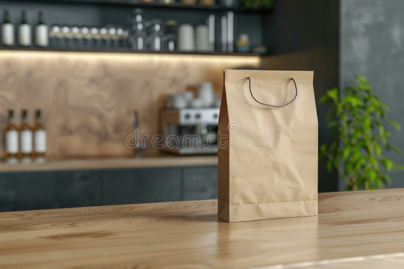 Paper Shopping Bag on Wooden Counter in Modern Kitchen Setting Stock ...