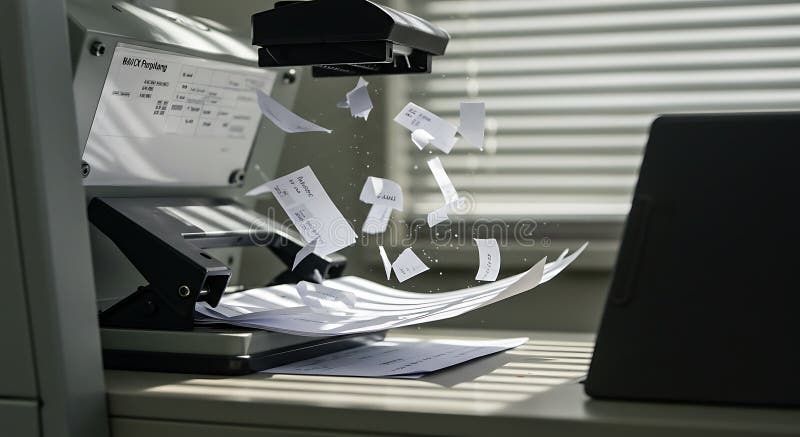 Paper Shredder Machine Cutting Documents into Pieces on an Office Desk ...