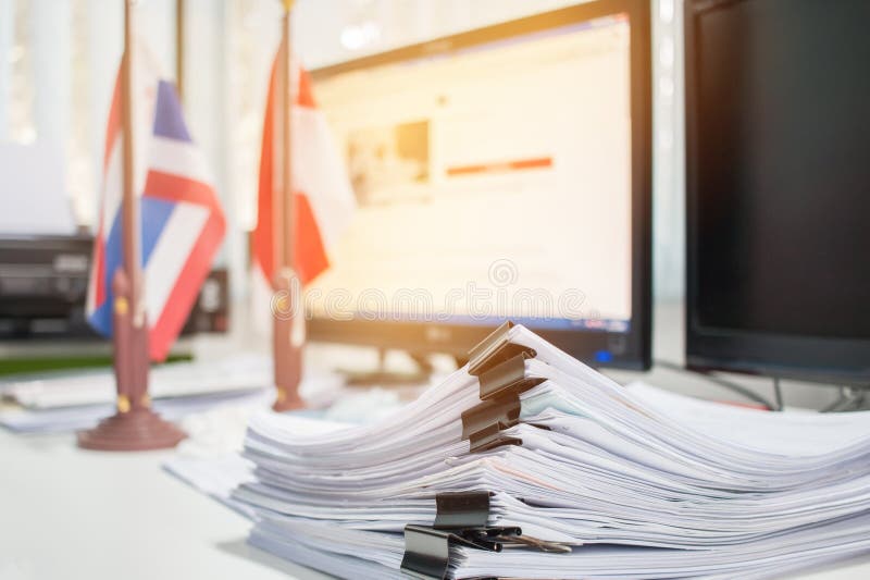 Paper Stack, Pile of Unfinished Documents on Office Desk Compute Stock ...
