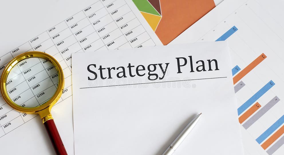 Paper with STRATEGY PLAN on Chart, Pen and Magnifier Stock Image ...