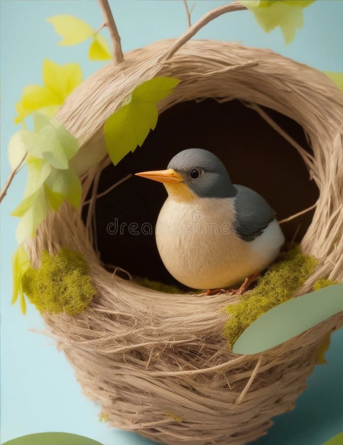 Paper Straw Bird S Nest with a Bird in it Illustration Stock ...