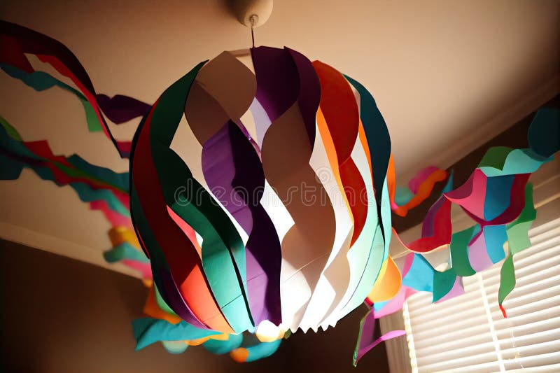 Paper Streamer Hanging from Ceiling with a Balloon or Lantern Attached ...