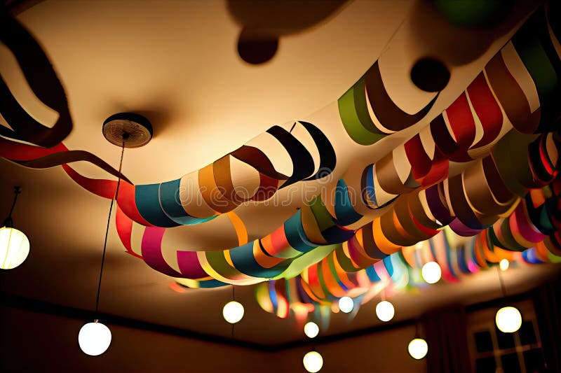 Paper Streamer Hanging from Ceiling, with Lights and Decorations ...