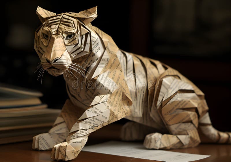 Paper Tiger on a Wooden Table. Origami Tiger. AI-generated Stock ...