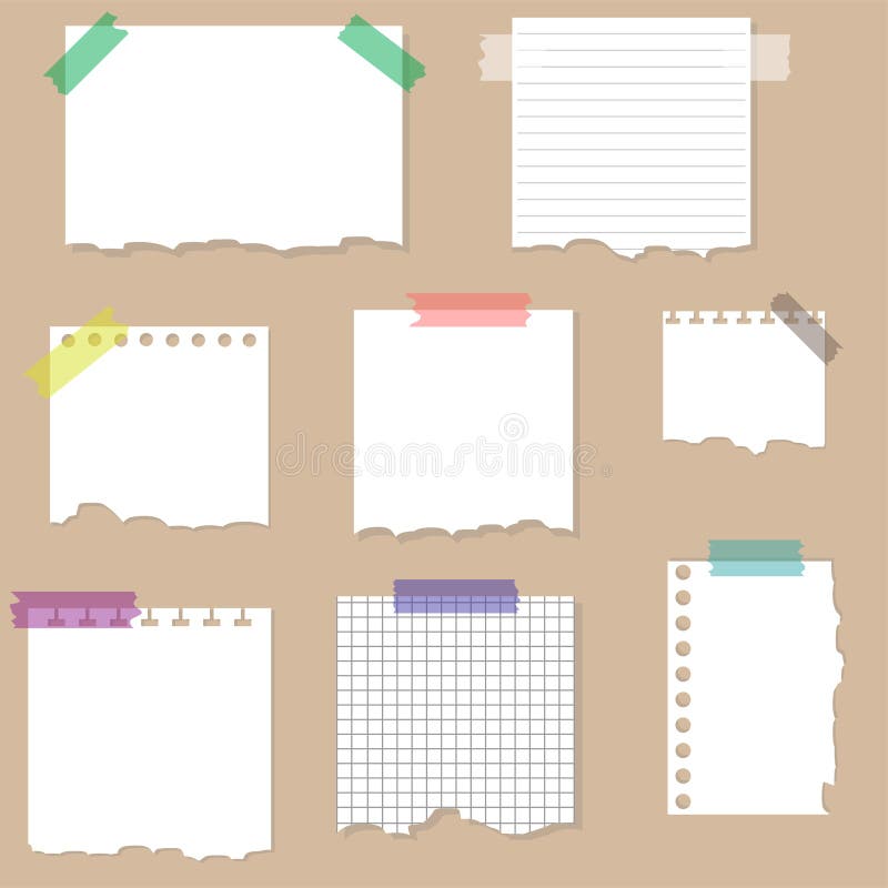 Paper Torn Page Notes. Papers of Different Size Glued To Wall with Tape ...