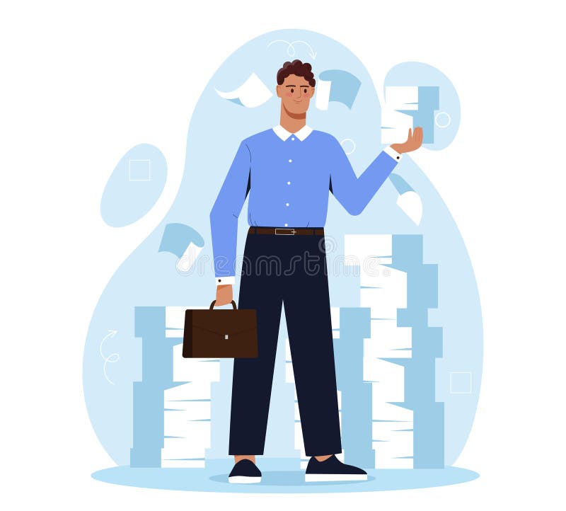 Paper Work Man. Man with Briefcase on Top of Stack of Documents Stock ...