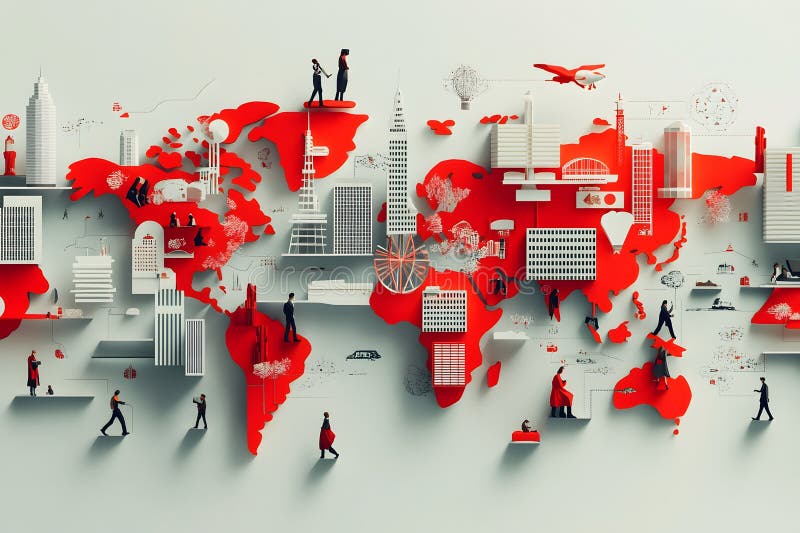 A Paper World Map with Miniature Figures and Buildings Stock ...