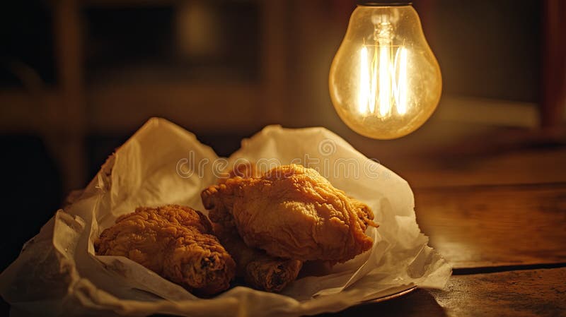 Paper-wrapped Fried Chicken Resting beside Flickering Market Bulb ...