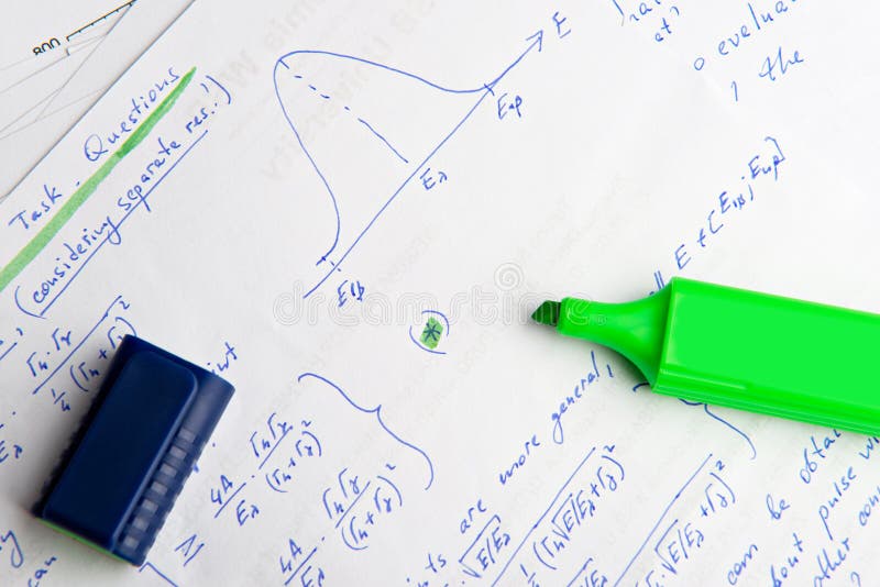Paper with Written Mathematical Calculations and Green Highlighter, Top ...