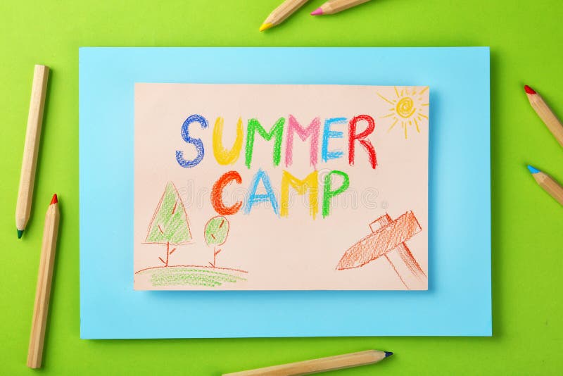 Paper with Written Text SUMMER CAMP, Drawings and Different Pencils on ...