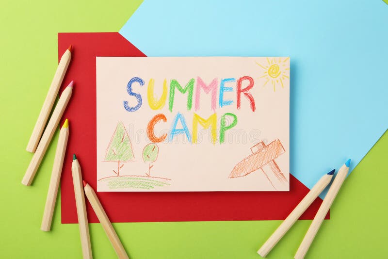 Paper with Written Text SUMMER CAMP, Drawings and Different Pencils on ...