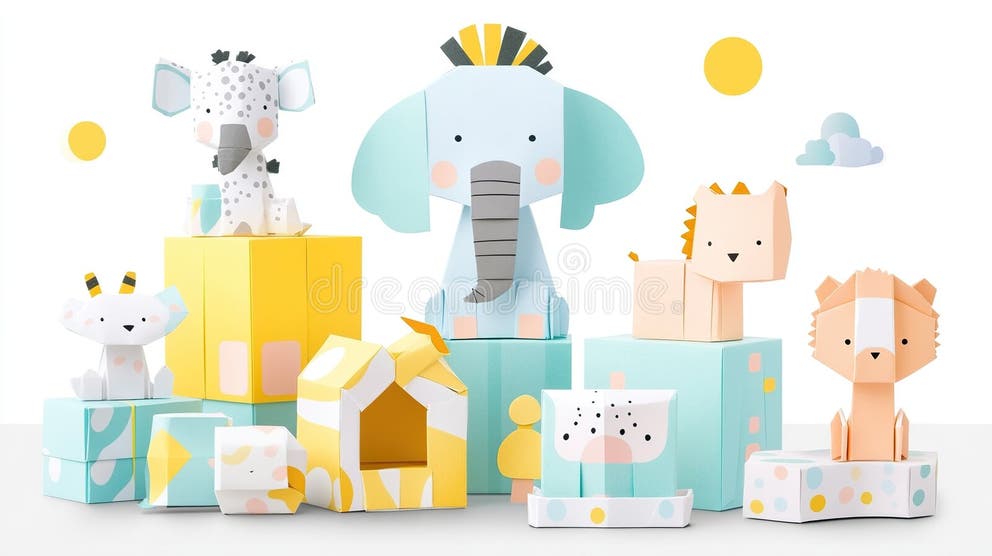 Papercraft Animals on Boxes, Studio Shot, Nursery Decor Stock Image ...
