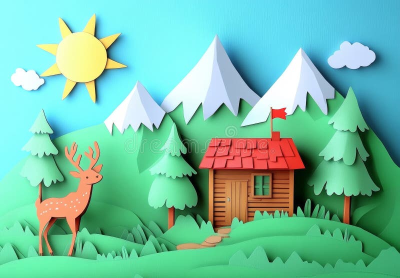 Papercraft Art Forms a Landscape that Includes a House, Animals, and ...