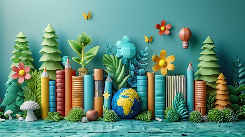 Papercraft Forest Scene with Books and Globe Stock Illustration ...