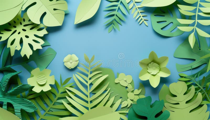 Papercraft Green Leaves and Flowers on a Blue Background Stock Image ...