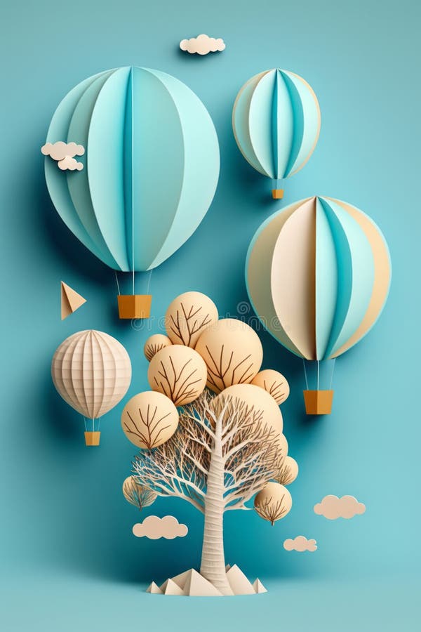 Papercraft Hot Air Balloons and Tree on Blue Background Stock Image ...