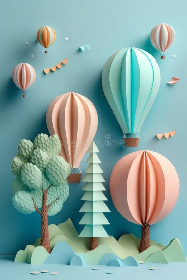 Papercraft Hot Air Balloons and Tree on Blue Background Stock Image ...