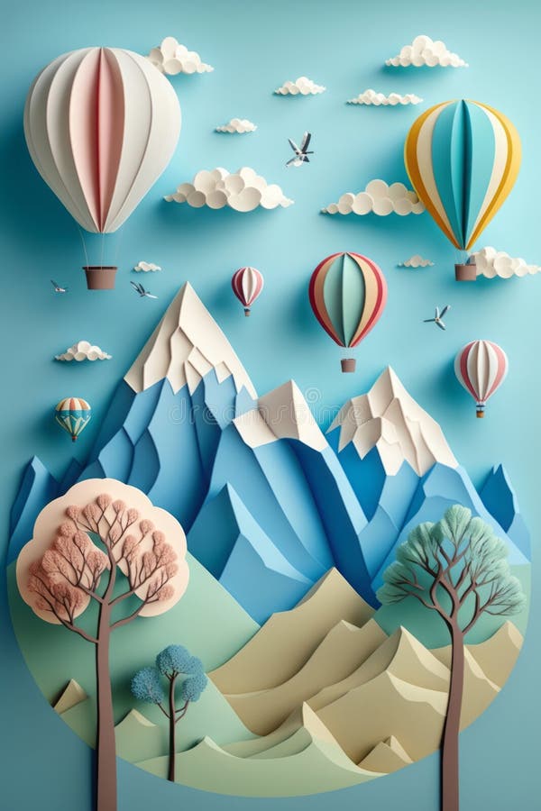 Papercraft Hot Air Balloons and Tree on Blue Background Stock Photo ...