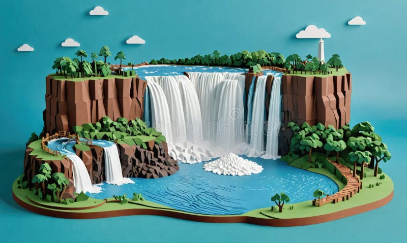A Papercraft Model of a Waterfall with Trees and a Winding Path Stock ...