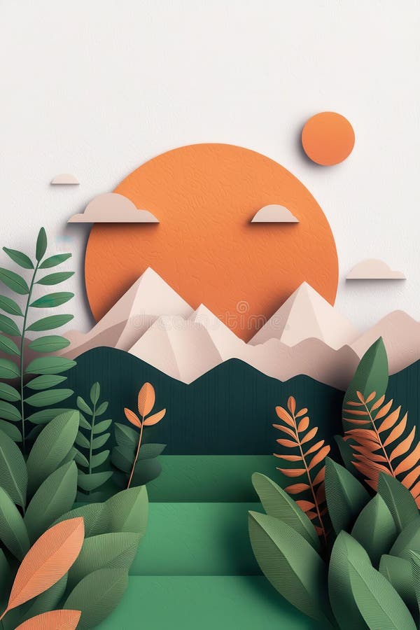 Papercraft Sunset Landscape with Mountains and Foliage Stock ...