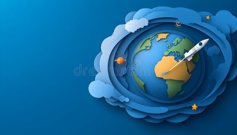 Papercut Earth with Rocket, Space Exploration, Clouds, Background Stock ...