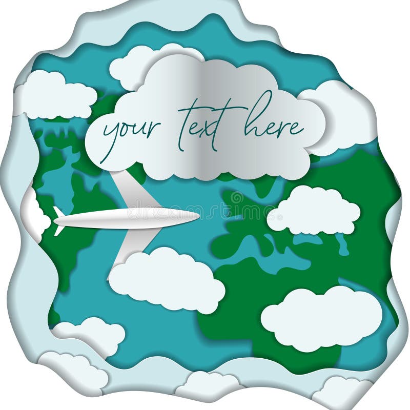 Papercut Postcard. a Flying Plane Over the Ground and Clouds Stock ...