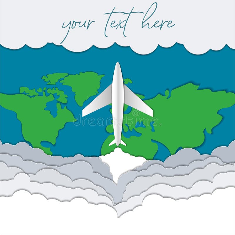 Papercut Postcard. a Flying Plane Over the Ground and Clouds Stock ...