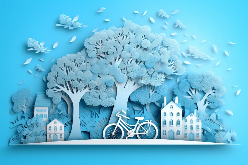 Papercut Style of Ecosystem Concept, Tree, Building, AI Generated Stock ...