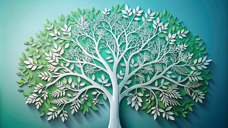 Papercut Tree Teal Background, SpringWinter Foliage Stock Illustration ...