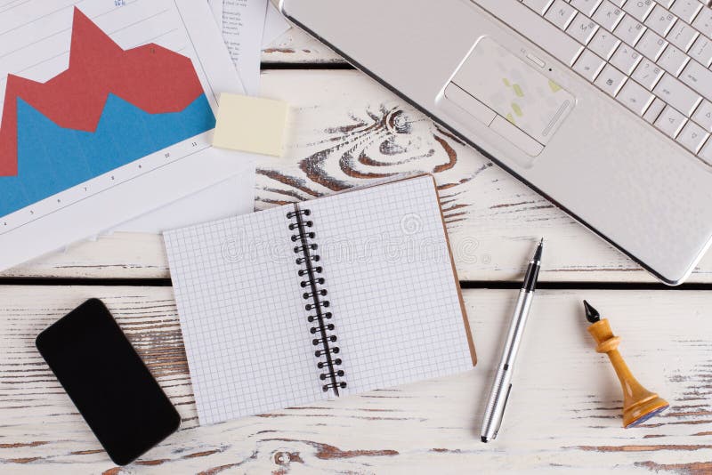 Papers with Charts, Stationery and Devices. Stock Image - Image of ...