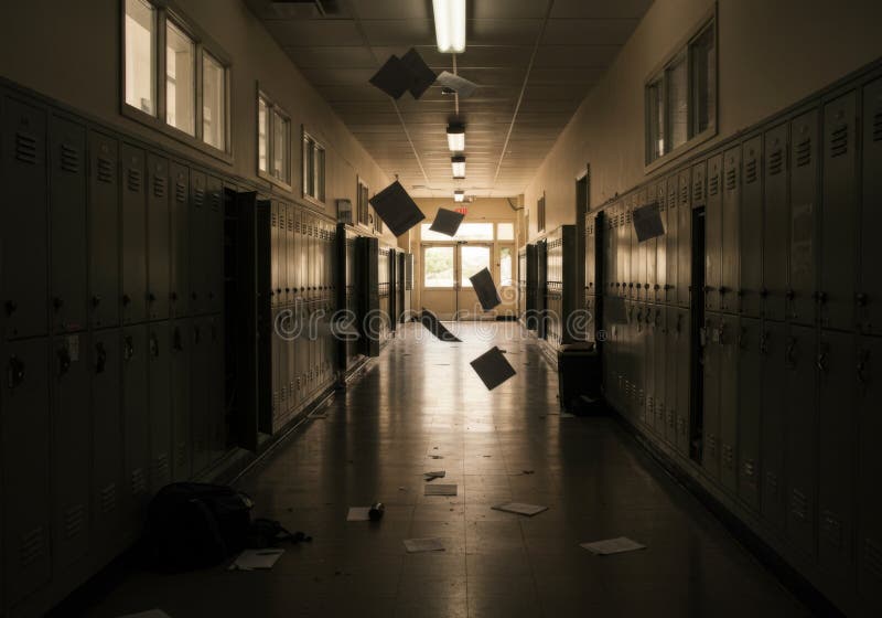 Papers Fly through Dark School Hallway Stock Illustration ...