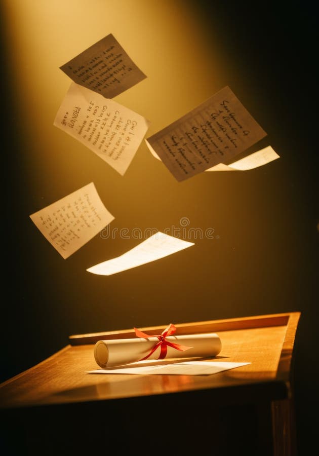Papers Flying Above Wooden Desk with Rolled Certificate Stock ...