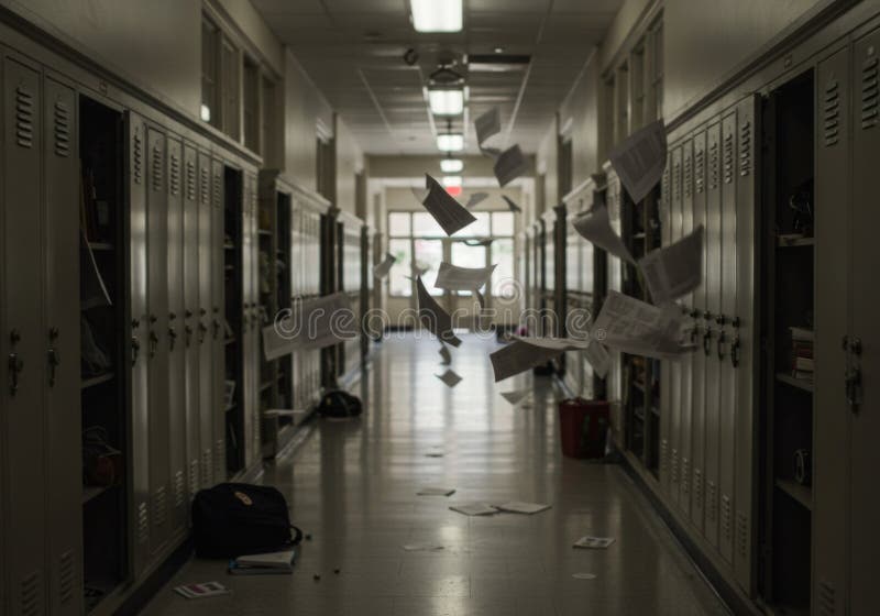 Papers Flying in an Empty School Hallway Stock Illustration ...