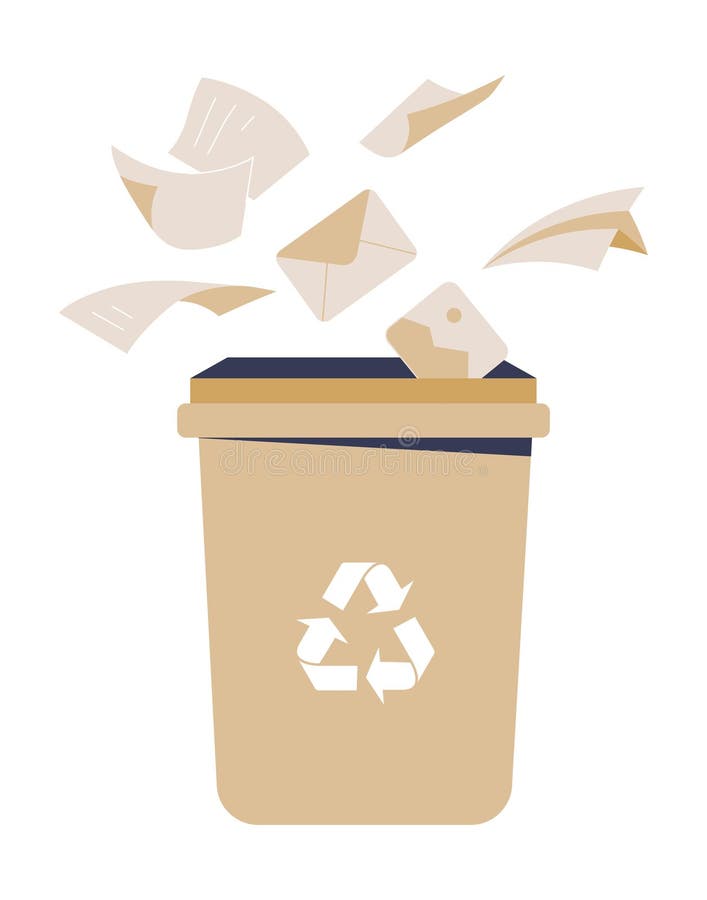 Papers Flying into Recycling Bin in Flat Vector Illustration ...