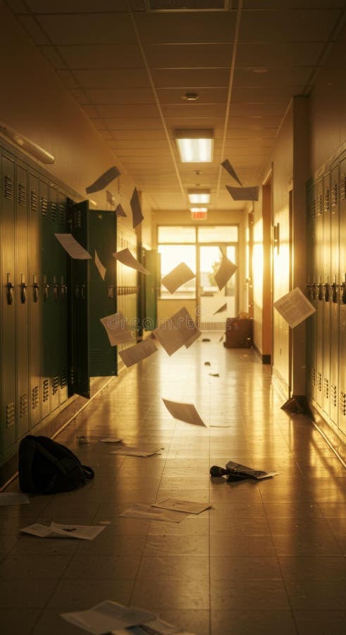 Papers Flying in School Hallway Sunlight Stock Illustration ...