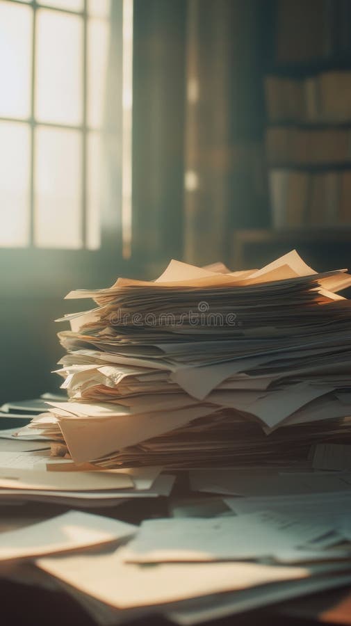 Papers Stacked on a Desk with a View of the City and Vibrant Plants in ...