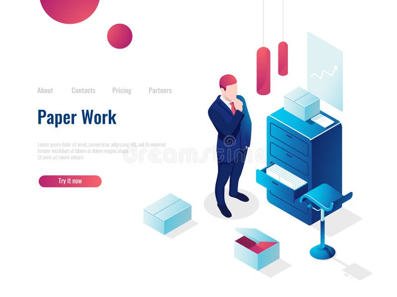 Paperwork Isometric Icon, Man Thought Parses Documents, Planning and ...