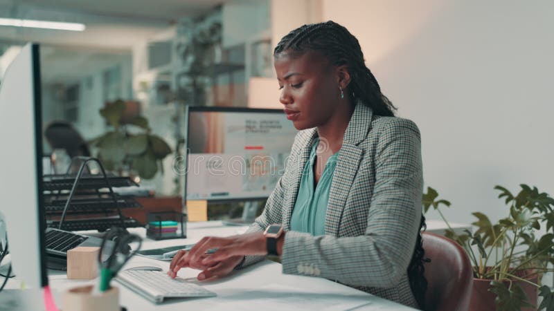 Paperwork, Typing and Black Woman on Computer in Office As Business ...