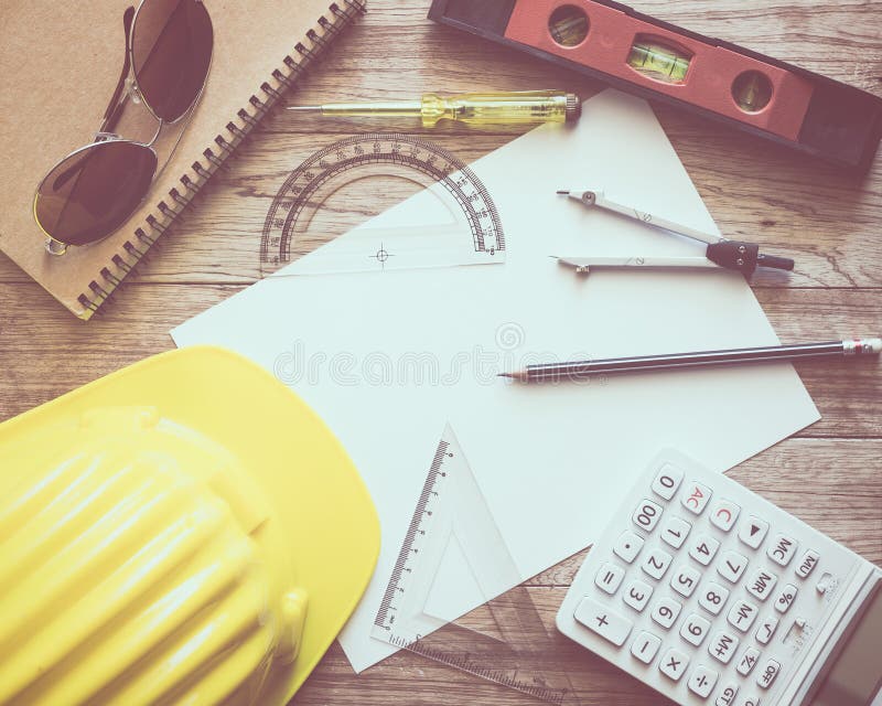Paperwork with Writing Materials for Architecture on Table Stock Photo ...