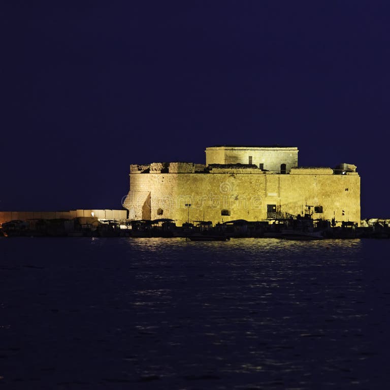 Paphos Castle at Night, Cyprus Stock Image - Image of brick ...