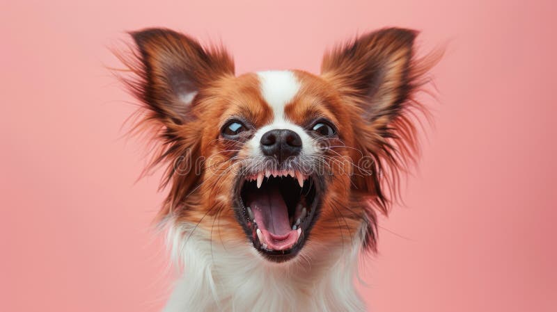 Papillon, Angry Dog Baring Its Teeth, Studio Lighting Pastel Background ...