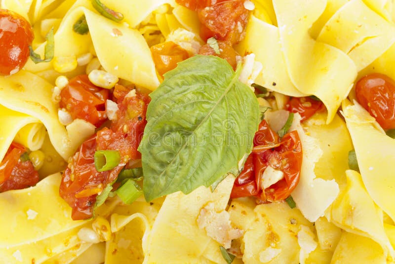 Pappardelle Pasta with Corn and Tomatoes Stock Photo - Image of ...