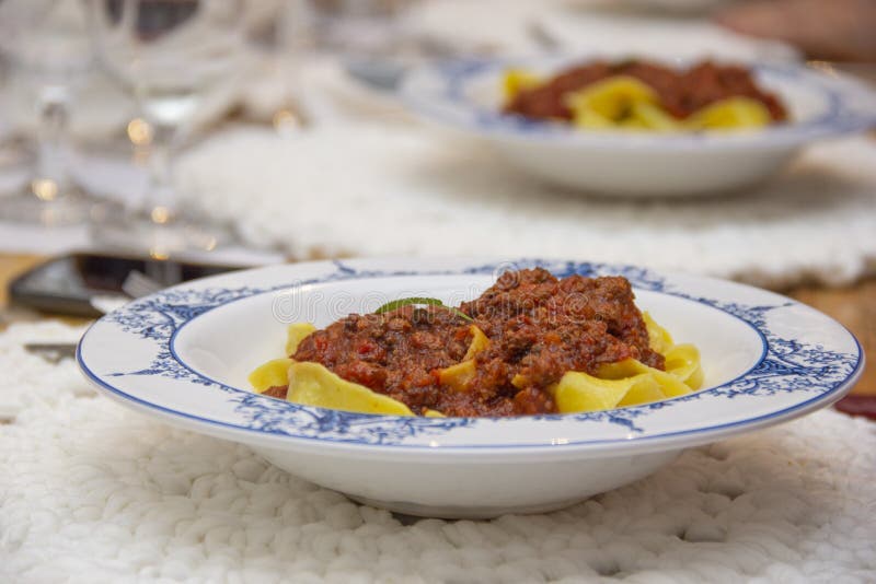 Pappardelle Pasta with Meat Rag. Typical Dish of Tuscany Stock Photo ...
