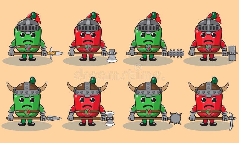 Cute Cartoon Paprika Knight Two Handed Set. Stock Vector - Illustration ...